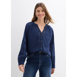 bonprix Tunikabluse aus luftigem Musselin, blau, Gr.36, Mit Knopfleiste und tollen Details, 100% Baumwolle