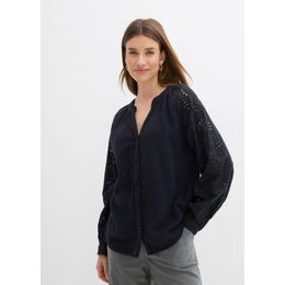 bonprix Tunikabluse aus luftigem Musselin, schwarz, Gr.54, Mit Knopfleiste und tollen Details, 100% Baumwolle