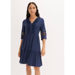 bonprix Tunika-Kleid aus softer Viskose, blau, Gr.44/46 (L), Modernes Kleid mit hochwertiger Spitze und tiefem Ausschnitt, aus Viskose