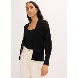 bonprix Ajour-Strickjacke, schwarz, Gr.48/50 (XL), Ajour-Strickjacke mit leichten Ballon-&Auml;rmeln, aus Wolle
