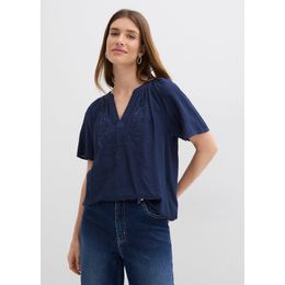bonprix Kurzarmbluse aus strukturiertem Crinkle, blau, Gr.36, Mit V-Ausschnitt und Stickerei, aus Viskose