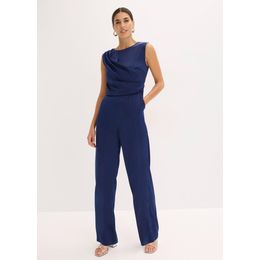bonprix Overall aus gl&auml;nzendem Satin, blau, Gr.48, Modern und elegant: Weit geschnittener Overall aus gl&auml;nzendem Satin mit Drapierung im Oberteil