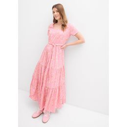 bonprix Kleid mit kurzen &Auml;rmeln, rosa, Gr.48, Langes Sommerkleid mit Allover-Muster, aus 100% Baumwolle