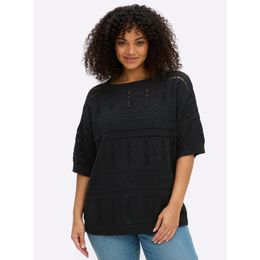 sheego Damen Kurzarmpullover aus Ajourstrick, schwarz, Gr&ouml;&szlig;e 40/42