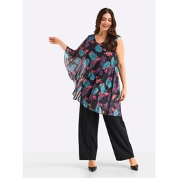 sheego Damen Jumpsuit mit asymmetrischem Cape, schwarz-erdbeere-bedruckt, Gr&ouml;&szlig;e 42