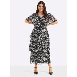 sheego Damen Chiffonkleid mit drapierten Volants, schwarz-wei&szlig;-gemustert, Gr&ouml;&szlig;e 54