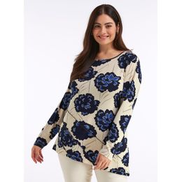 sheego Damen Longshirt mit asymmetrischem Saum, champagner-tiefblau-bedruckt, Gr&ouml;&szlig;e 48/50