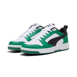 Puma M&auml;dchen Sneaker "REBOUND V6 LO JR", Gr. 38, gr&uuml;n, Synthetik, Schuhe, mit Schn&uuml;rverschluss, d&auml;mpfendes Fu&szlig;bett, aus Synthetik