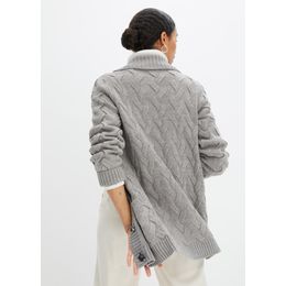 bonprix Damen Longstrickjackegrau meliert, Gr. 48, Zopfmuster, gemustert, unifarben, Strick, Obermaterial: 100% Polyacryl, Strickjacken, lockere