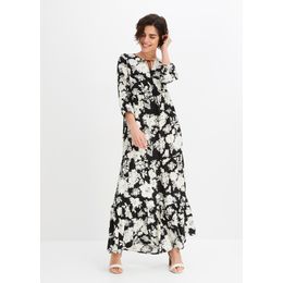 bonprix Damen Maxikleidschwarz, creme gebl&uuml;mt, Gr. 36, Obermaterial: 100% Viskose, Kleider, f&uuml;r Fr&uuml;hling und Sommer, aus Viskose, ausgestellte