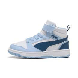 Puma Kinder Sneaker "REBOUND V6 MID AC+ PS", Gr. 28, blau, Synthetik, mehrfarbig, Schuhe, mit leicht profilierter Gummilaufsohle, mit Klettverschluss