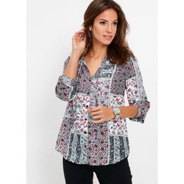 Langarmbluse bonprix, Damen, Gr. 38, silbergrau bedruckt, Web, Obermaterial: 100% Polyester, regular fit, Blusen, Regular Fit, eleganter Stil, mit langem Arm, aus Polyester