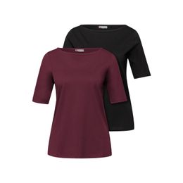 Street One Damen T-Shirtschwarz, truffle rot, Gr. 38, unifarben, Web, 100% Baumwolle, Shirts, mit U-Boot-Ausschnitt