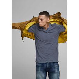 Jack & Jones JACK & JONES Herren T-Shirt "SPLIT NECK TEE", blau, Gr. S, unifarben, Jersey, Obermaterial: 100% Baumwolle, Shirts, mit V-Ausschnitt