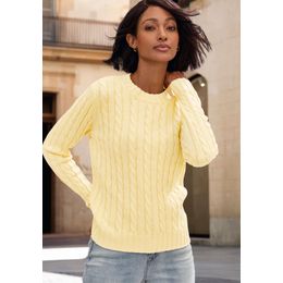 Lascana Damen Rundhalspullover, gelb, Gr. 40, unifarben, Strick, Obermaterial: 50% Baumwolle, 50% Polyacryl, Pullover, mit Zopfstrickmuster,