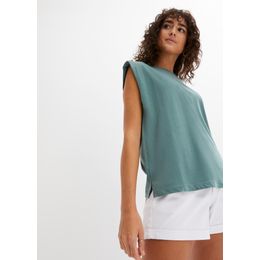 Oversize-Shirt bonprix, Damen, Gr. 36/38 (S), graugr&uuml;n, Jersey, Obermaterial: 100% Baumwolle, unifarben, oversize h&uuml;ftbedeckend, Rundhals, angeschnitten, Shirts, l&auml;ssiger Oversize-Schnitt, verst&auml;rkte Schulter, &auml;rmellos