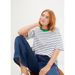 bonprix Damen T-Shirt, wei&szlig;, Gr. 36, geringelt, gestreift, Jersey, Obermaterial: 100% Baumwolle, Shirts, Oversize-Passform, Halbarm-Design, mit