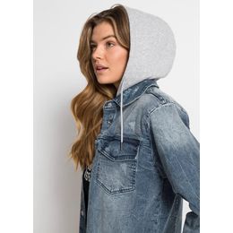 bonprix Damen Jeansjacke, blau, Gr. 46, Abriebeffekte, unifarben, unifarben mit Farbeinsatz, Denim/Jeans, Obermaterial: 98% Baumwolle, 2% Elasthan.
