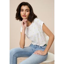 Tamaris Damen T-Shirtwei&szlig; gemustert, Gr. 42, gemustert, Single Jersey, Obermaterial: 95% Viskose, 5% Elasthan, Shirts, mit femininen Allover-Print