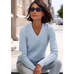 Lascana Damen V-Ausschnitt-Pulloverhellblau, Gr. 32, Zopfmuster, Strick, Obermaterial: 50% Baumwolle, 50% Polyacryl, Pullover, mit Zopfstrickmuster