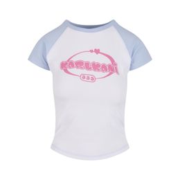 T-Shirt Karl Kani "Karl Kani Woven Signature Kk Heart Tiny Tee", Damen, Gr. S, wei&szlig;, lightblau, 95% Baumwolle, 5% Elasthan, bedruckt, normal, Rundhals, Shirts T-Shirt