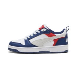 Puma M&auml;dchen Sneaker "REBOUND V6 LO JR", Gr. 38,5, blau, Synthetik, mehrfarbig, Schuhe, mit Schn&uuml;rverschluss, d&auml;mpfendes Fu&szlig;bett, aus Synthetik