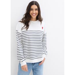 bonprix Damen Sweatshirtwollwei&szlig;, dunkelblau gestreift, Gr. 44, geringelt, gestreift, Sweatware, Obermaterial: 60% Baumwolle, 40% Polyester,
