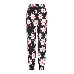 CLOUD 5IVE Damen Stoffhose "CLOUD 5IVE Viskose Hose mit B&uuml;ndchen 2-Pockets & Big Flowers", schwarz, Gr. L, gebl&uuml;mt, 100% Viskose, Hosen