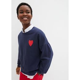 Sweatshirt bonprix, Damen, Gr. 36/38 (S), dunkelblau, erdbeere bedruckt, Sweatware, Obermaterial: 100% Baumwolle. B&uuml;ndchen: 95% Baumwolle, 5% Elasthan, unifarben, oversize h&uuml;ftbedeckend, Rundhals, Rippb&uuml;ndchen, Sweatshirts Sweatshirt, l&auml;ssiger Schnitt, &uuml;berschnittene Schulter, Oversize-Passform