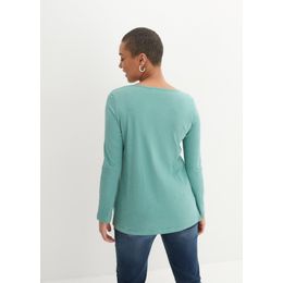 bonprix Damen Langarmshirt, gr&uuml;n, Gr. 36, unifarben, Jersey, Obermaterial: 100% Baumwolle, Shirts, gerade Passform, Krempel&auml;rmel, Henley-Ausschnitt