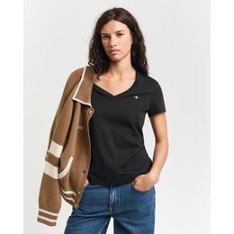 Gant Damen T-Shirt "REG SHIELD KA V-NECK T-SHIRT", schwarz, Basic, Gr. L, Jersey, Obermaterial: 100% Baumwolle, Shirts, mit einer kleinen