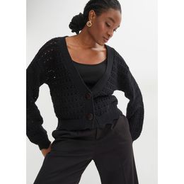 Ajourstrickjacke bonprix, Damen, Gr. 44/46 (L), schwarz, Strick, Obermaterial: 100% Baumwolle, gemustert, unifarben, oversize h&uuml;ftbedeckend, tiefer V-Ausschnitt, Strickb&uuml;ndchen, Strickjacken Ajourstrickjacke, Oversize-Passform, mit Lochstrickmuster, im Casual Stil