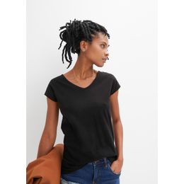 bonprix Damen T-Shirt, schwarz, Gr. 40, unifarben, Jersey, Obermaterial: 100% Baumwolle, Shirts, lockere Passform, mit V-Ausschnitt, mit coolem