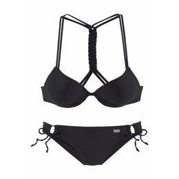 Buffalo Damen Push-Up-Bikini, schwarz, Gr. 38, Flechtoptik, unifarben, Polyamid, Bikini-Sets, mit geflochtenem R&uuml;ckendetail