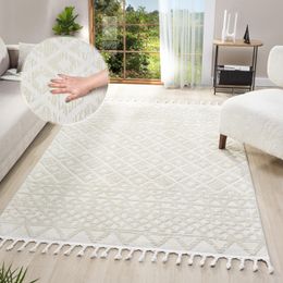 Teppich OTTO HOME, B:60cm H:11mm L:90cm, beige, Kunstfaser, Wohnzimmer, Teppiche, "Ribeyret", mit Fransen, Hoch-Tief-Struktur, Woll-Look, Boho-Style,