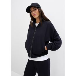Blouson bonprix, Damen, Gr. 40/42 (M), schwarz, Sweatware, Obermaterial: 48% Polyester, 48% Viskose, 4% Elasthan, unifarben, oversize taillenbedeckt, Rippb&uuml;ndchen, Jacken Blouson, aus Sweatware mit Stehkragen und Eingriffstaschen