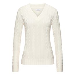 Lascana Damen V-Ausschnitt-Pullovercreme, Gr. 36, Zopfmuster, Strick, Obermaterial: 50% Baumwolle, 50% Polyacryl, Pullover, mit Zopfstrickmuster