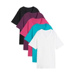 bonprix Damen Longshirt "Weites Long-Shirt mit V-Ausschnitt, Kurzarm (5er Pack)"smaragd, weinbeere, mittelfuchsia, wei&szlig;, schwarz, Gr. 44, mehrfarbig,
