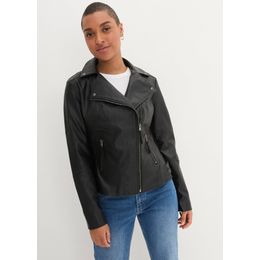 bonprix Lederimitat-Jacke aus reiner Viskose, schwarz, Gr.36, Vielseitige Lederimitatjacke im Bikerlook mit Schnallen im H&uuml;ftbereich und seitlich versetztem Rei&szlig;verschluss vorne