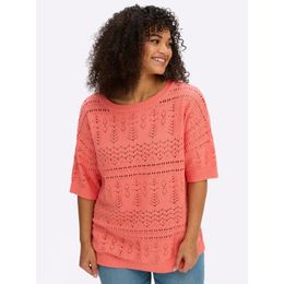 sheego Damen Kurzarmpullover aus Ajourstrick, koralle, Gr&ouml;&szlig;e 52/54