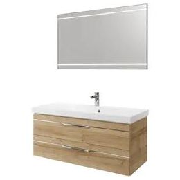 Badm&ouml;bel-Set SAPHIR "Balto 2-teilig Mineralmarmor-Waschtisch mit LED-Spiegel, 123 cm breit", braun (riviera eiche quer nachbildung mit chromeinlage), B:123cm H:200cm T:50,8cm, Holzwerkstoff, Kastenm&ouml;bel-Sets, Badm&ouml;bel-Set, Waschplatz mit 2 Schubladen, Badschrank inkl. Schubladend&auml;mpfer
