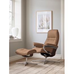 Relaxsessel stressless "Sunrise", braun (latte batick), B:79cm H:103cm T:73cm, Leder BATICK: BATICK ist ein leicht korrigiertes, durchgef&auml;rbtes und genarbtes M&ouml;belleder, bei dem die meisten Unebenheiten und Spuren in der Regel entfernt wurden., Sessel, Relaxsessel, mit Hocker, mit Cross Base, Gr&ouml;&szlig;e S, M & L, Holzakzent Braun