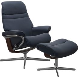 Relaxsessel stressless "Sunrise", blau (oxford blau paloma), B:83cm H:105cm T:74cm, Leder PALOMA: PALOMA ist ein durchgef&auml;rbtes Semianilin-M&ouml;belleder mit nat&uuml;rlicher Narbung., Sessel, Relaxsessel, mit Hocker, mit Cross Base, Gr&ouml;&szlig;e S, M & L, Holzakzent Braun