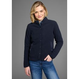 Fleecejacke Polarino, Damen, Gr. 48/50, blau (navy), Fleece, Obermaterial: 100% Polyester, unifarben, bequem h&uuml;ftlang, eingefasste Kante kontrastfarben, Jacken Fleecejacke, aus Teddy-Fleece, &Uuml;bergangsjacke mit Stehkragen und Kn&ouml;pfen