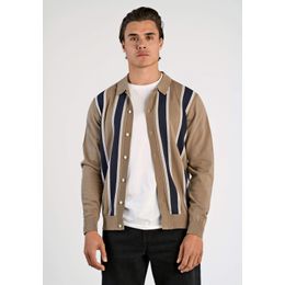 Strickjacke LINDBERGH "Cardigan Relaxed Fit", Herren, Gr. M, dk stone, Obermaterial: 100% Baumwolle, gestreift, Strickjacken Strickjacke