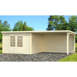 Gartenhaus Palmako "Ella", beige (naturbelassen), ohne Fu&szlig;boden, ohne Dacheindeckung, Massivholz, Gartenh&auml;user, Gartenhaus, 8,7+10,0 m&sup2;, mit Anbaudach
