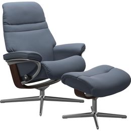 Relaxsessel stressless "Sunrise", blau (sparrow blau paloma), B:92cm H:105cm T:80cm, Leder PALOMA: PALOMA ist ein durchgef&auml;rbtes Semianilin-M&ouml;belleder mit nat&uuml;rlicher Narbung., Sessel, Relaxsessel, mit Hocker, mit Cross Base, Gr&ouml;&szlig;e S, M & L, Holzakzent Braun