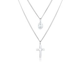 Gliederkette Elli "Layer Zirkonia Kreuz Glaube 925 Silber", silber, Halsketten, Damen, 40, ohne Stein, Silber 925 (Sterlingsilber), L: 40, Gliederkette