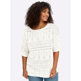 sheego Damen Kurzarmpullover aus Ajourstrick, ecru, Gr&ouml;&szlig;e 52/54