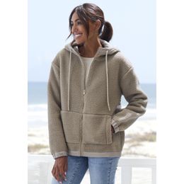 Fleecejacke ELBSAND, Damen, Gr. 40, grau (taupe), Fleece, Obermaterial: 100% Polyester, unifarben, gerade h&uuml;ftlang, B&uuml;ndchen, Jacken Fleecejacke, &Uuml;bergangsjacke aus Teddy-Fleece mit verstellbarer Kapuze, Topseller